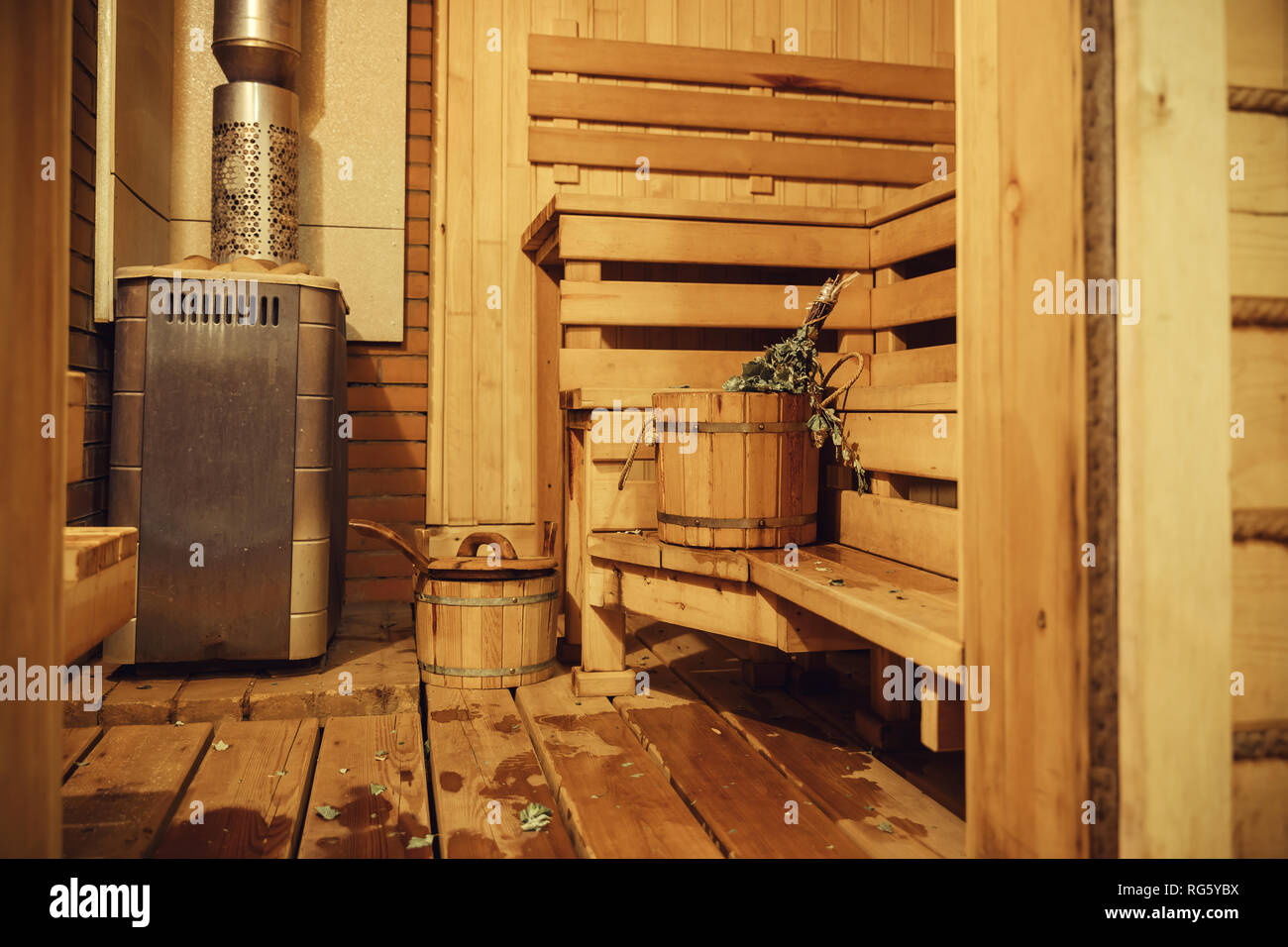 Interior of Finnish sauna, classic wooden sauna, Relax in hot sauna ...