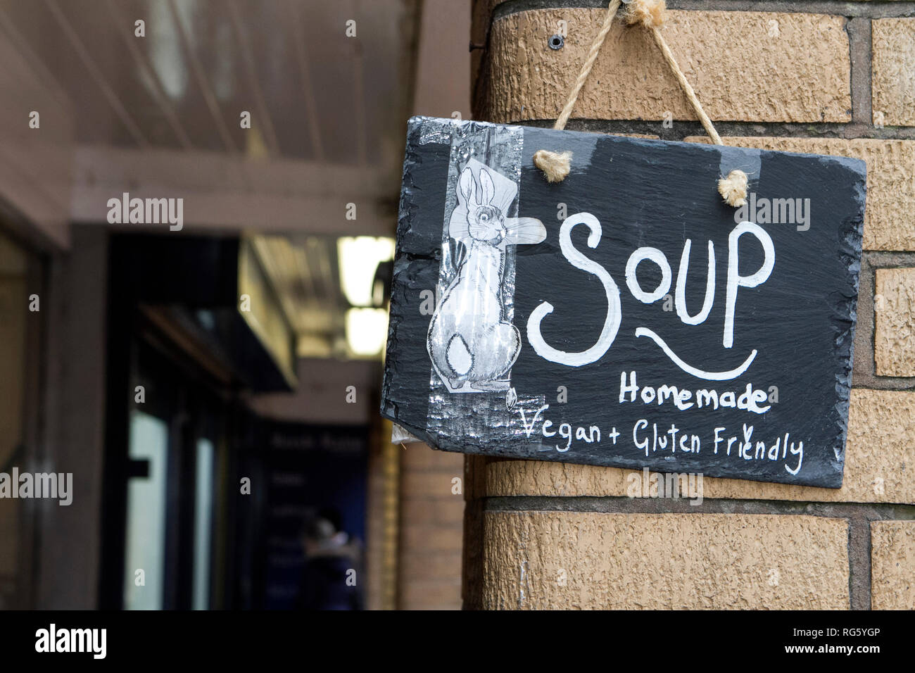 Homemade soup sign hanging outside town centre restaurant in Nantwich ...