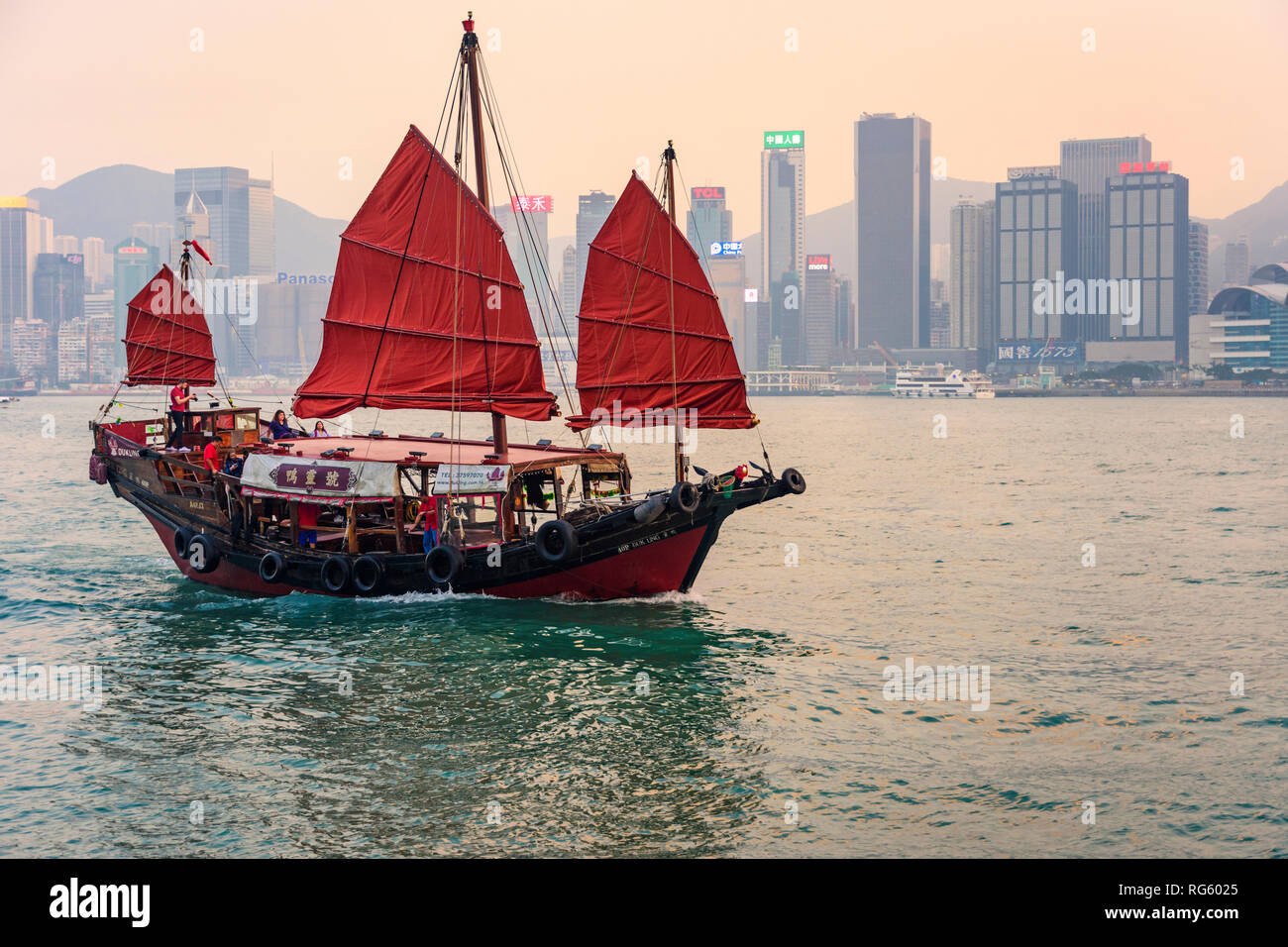 Hong Kong harbour junk, the DukLing tourist boat on a sunset sailing ...