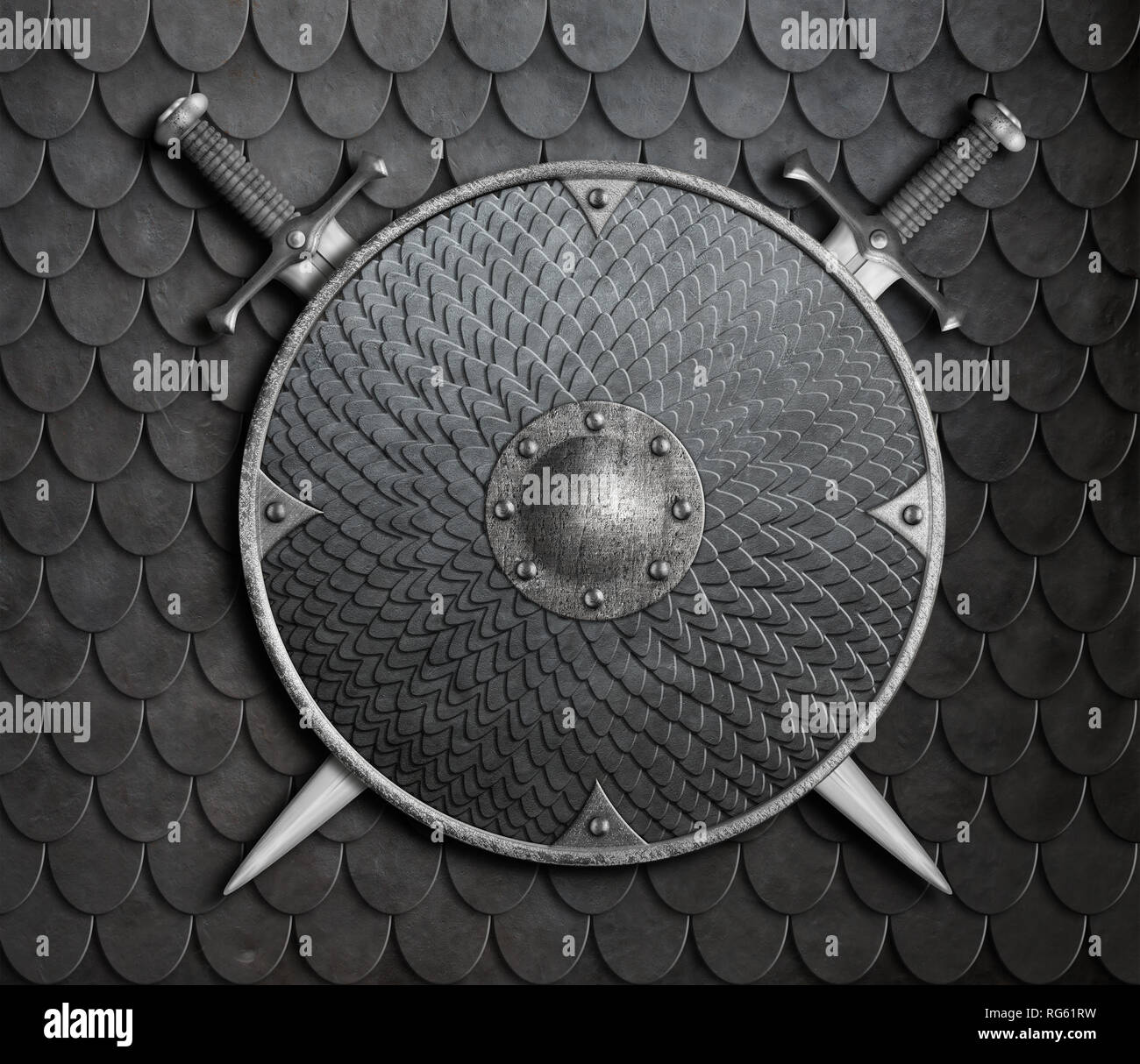 metal shield with crossed swords over armour background 3d illustration ...