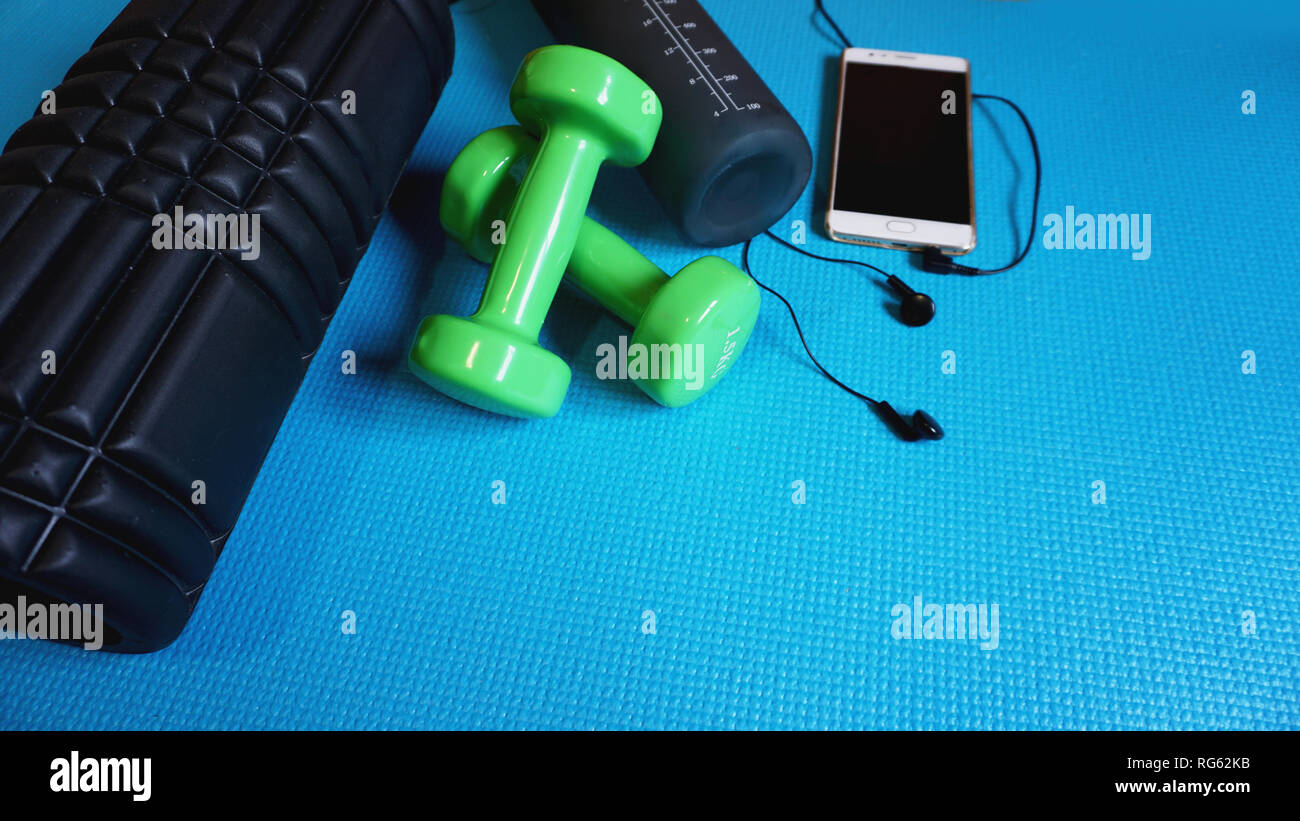 Foam Roller Gym Fitness Equipment Blue background self Myofascial ...