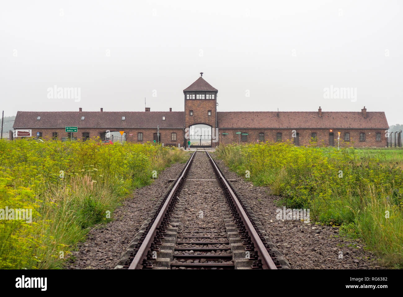 Auschwitz-Birkenau, Poland - August 1, 2017: Stable access with tracks ...