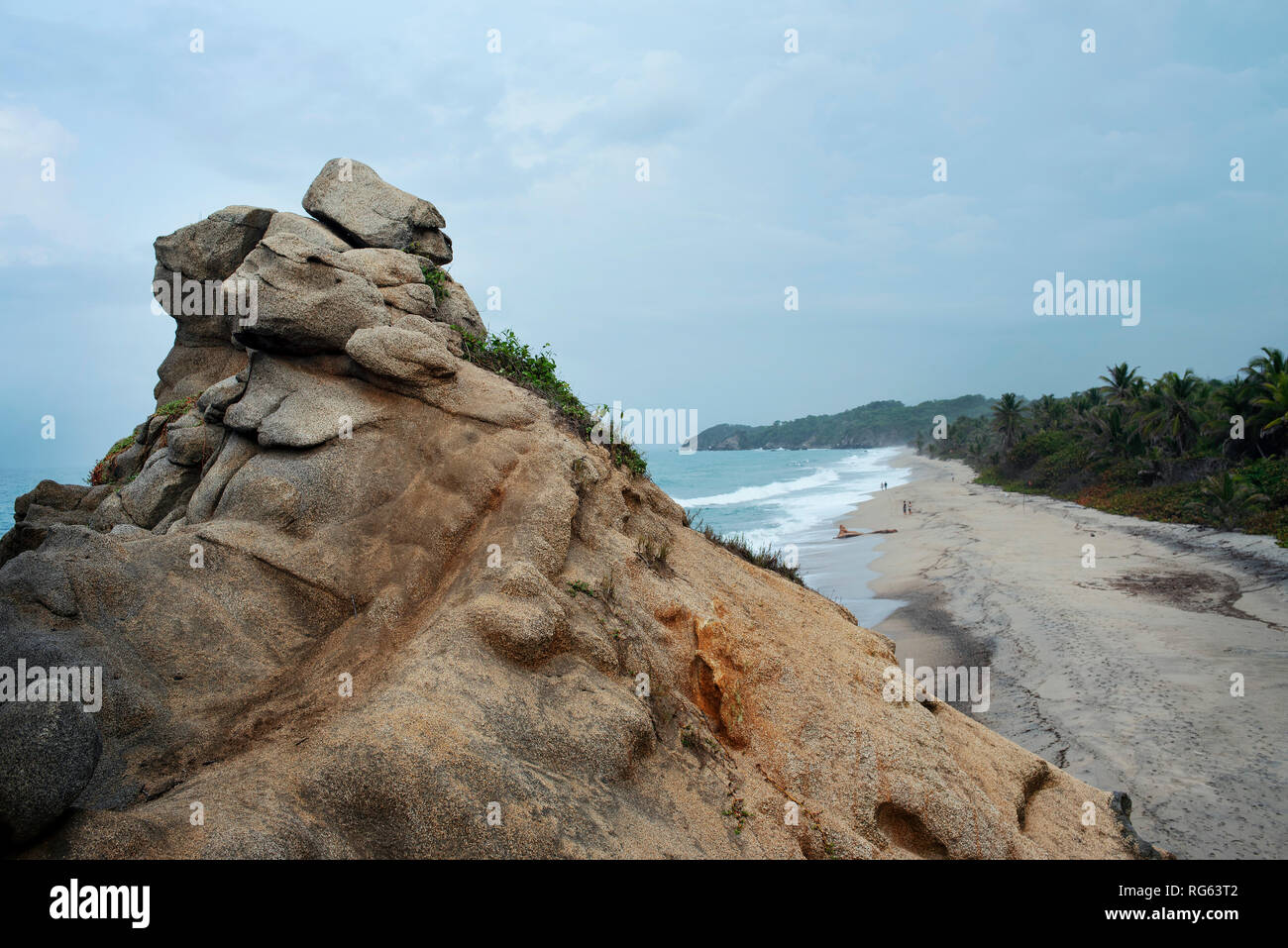 Scenic coastal views of sandy beach shot from a rock mountain at ...