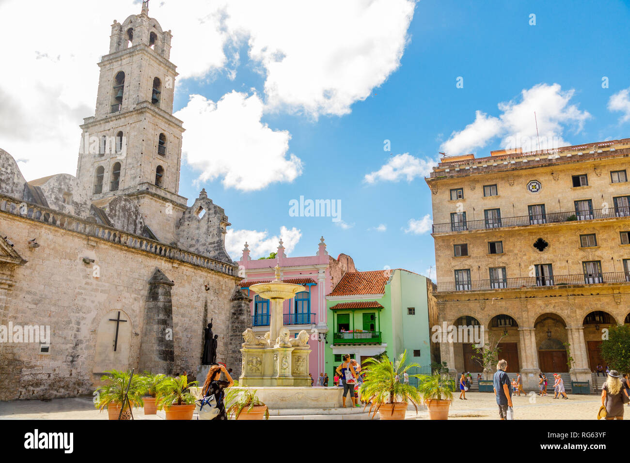San Francisco square with cathedral bell tower and old buildings ...