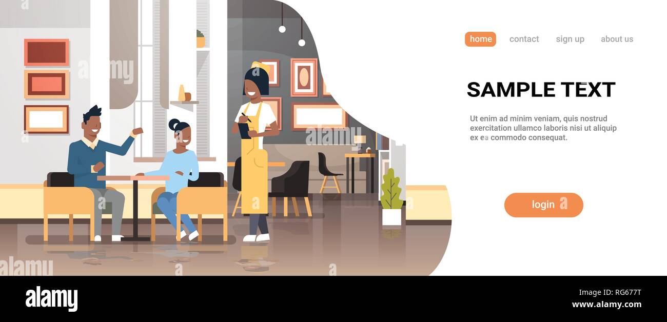 young waiter in uniform taking order from african american couple ...