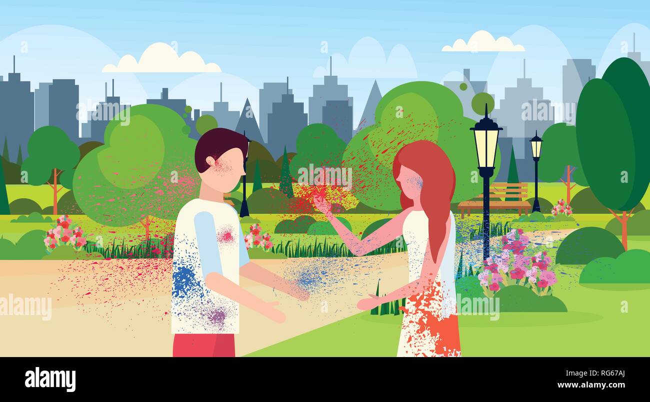 lovers couple throwing colorful powder holi festival concept man woman ...