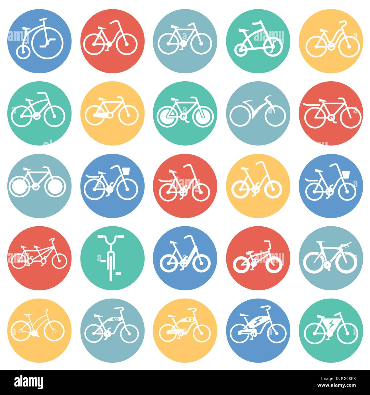Bicycle icons set on color circles white background for graphic and web ...