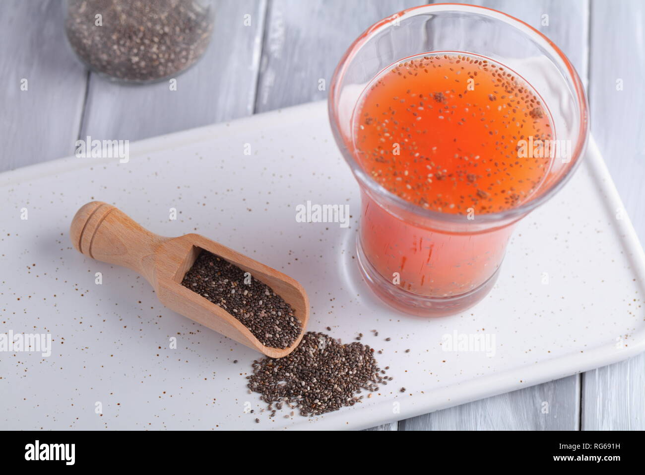 Chia seed drink with grapefruit juice closeup Stock Photo - Alamy