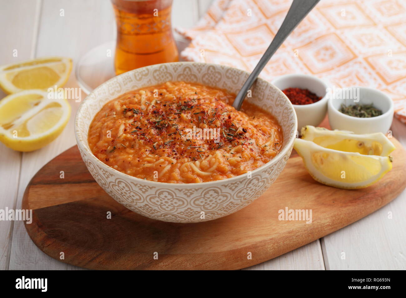 Lentil Soup with Vermicelli Noodles, spices, and sliced lemon Stock ...