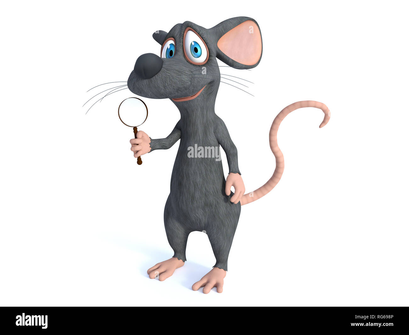 3D rendering of a cute smiling cartoon mouse holding a magnifying glass ...
