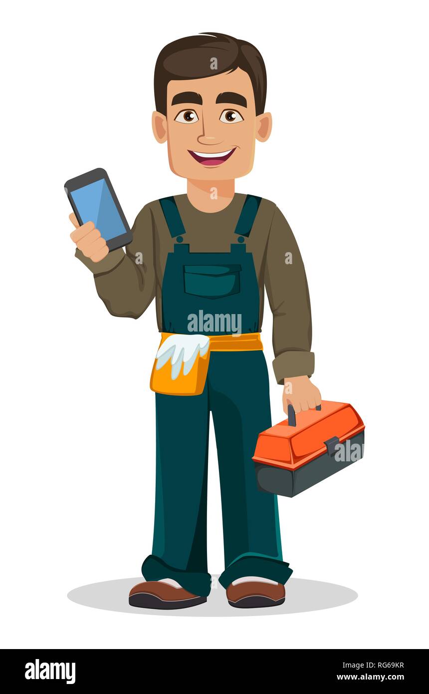 Professional plumber in uniform holds toolbox and smartphone. Handsome ...