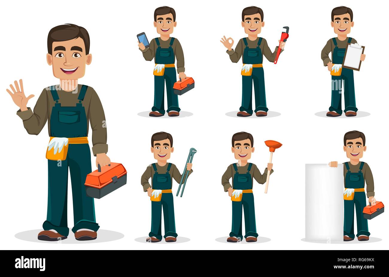 Professional plumber in uniform, set of seven poses. Handsome cartoon ...