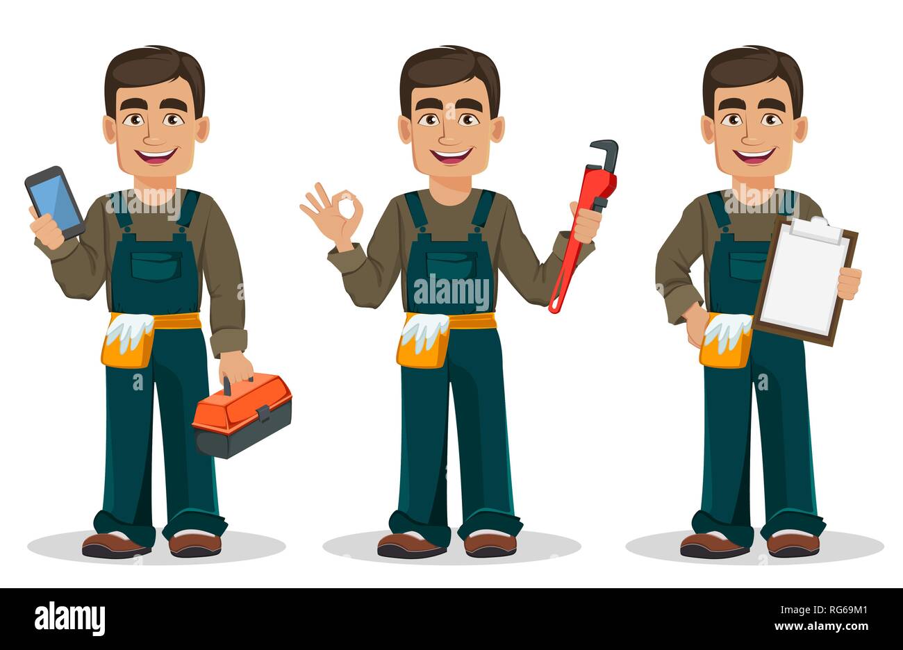 Professional plumber in uniform, set of three poses. Handsome cartoon ...