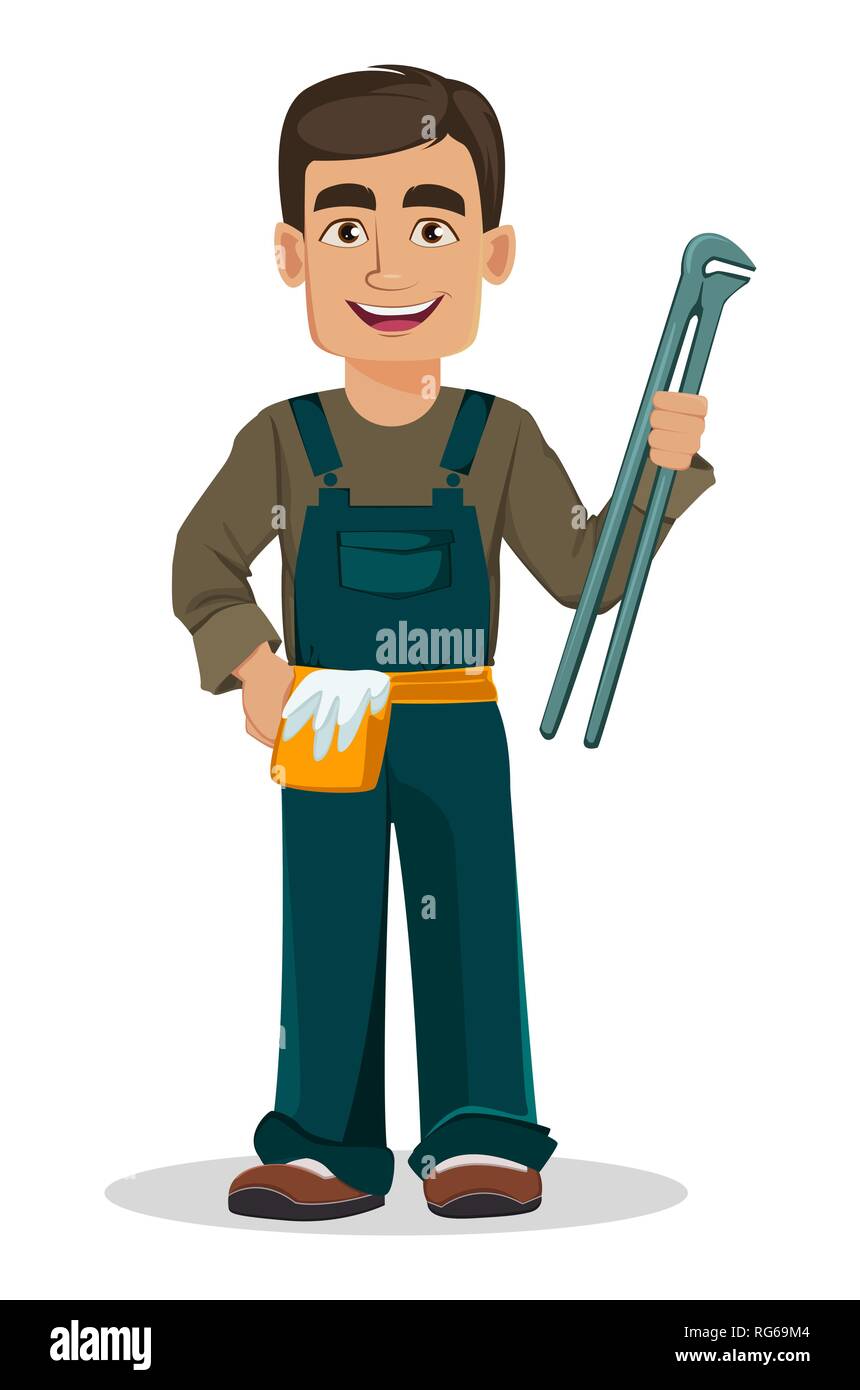 Professional plumber in uniform holds work tool. Handsome cartoon ...