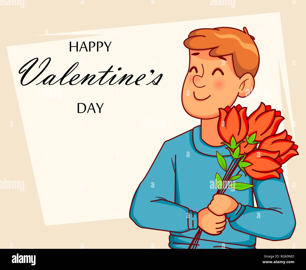 Valentines Day greeting card with handsome man holding a bouquet of ...