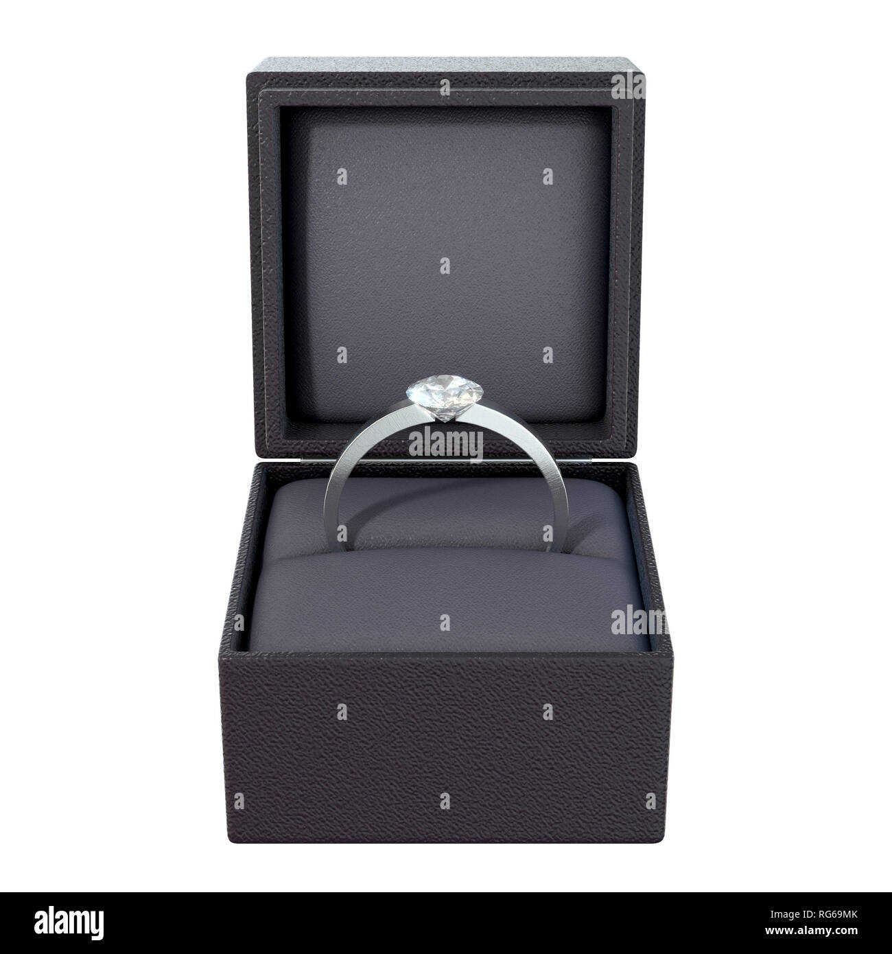 An open cube shaped black ring box with a silver engagement ring and ...