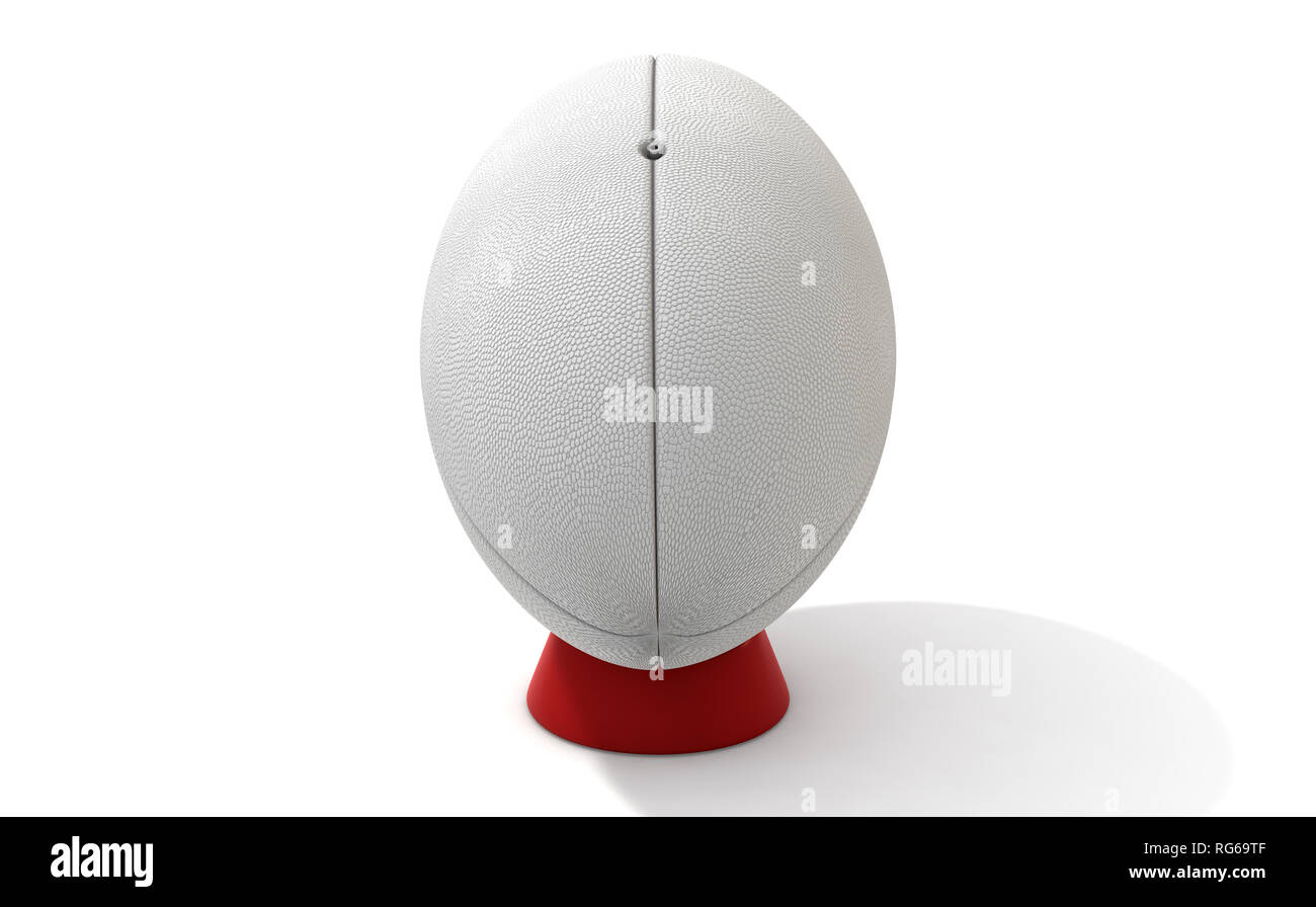 A plain white textured rugby ball on a kicking tee on a isolated white ...