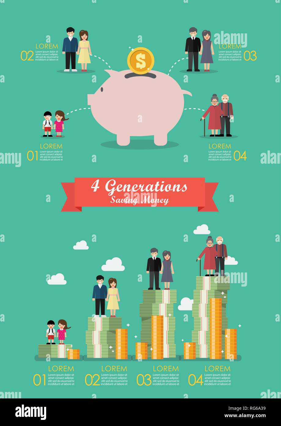Four generation saving money collection infographic. Vector ...