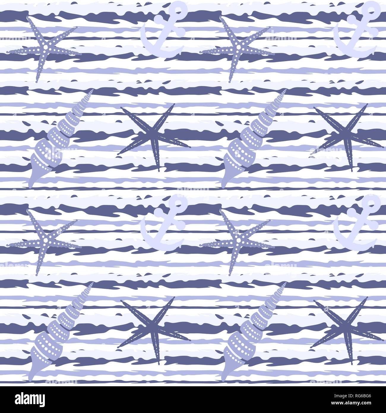 Marine striped seamless pattern with seashells, starfish and anchors ...