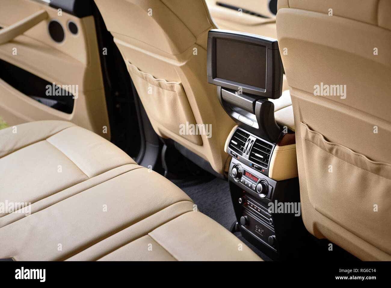 Car inside. Interior in cream colors leather of prestige luxury modern ...