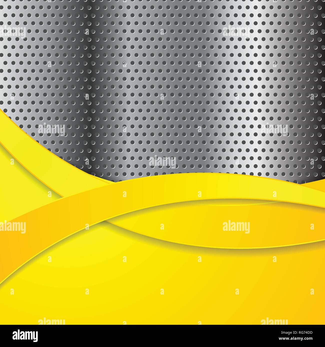 Tech metallic perforated background with yellow waves vector background ...