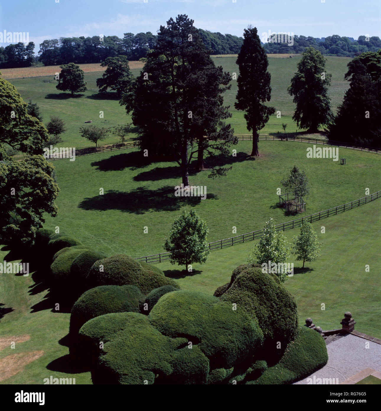 Birds-eye view of rounded topiary hedge and large lawns Stock Photo - Alamy