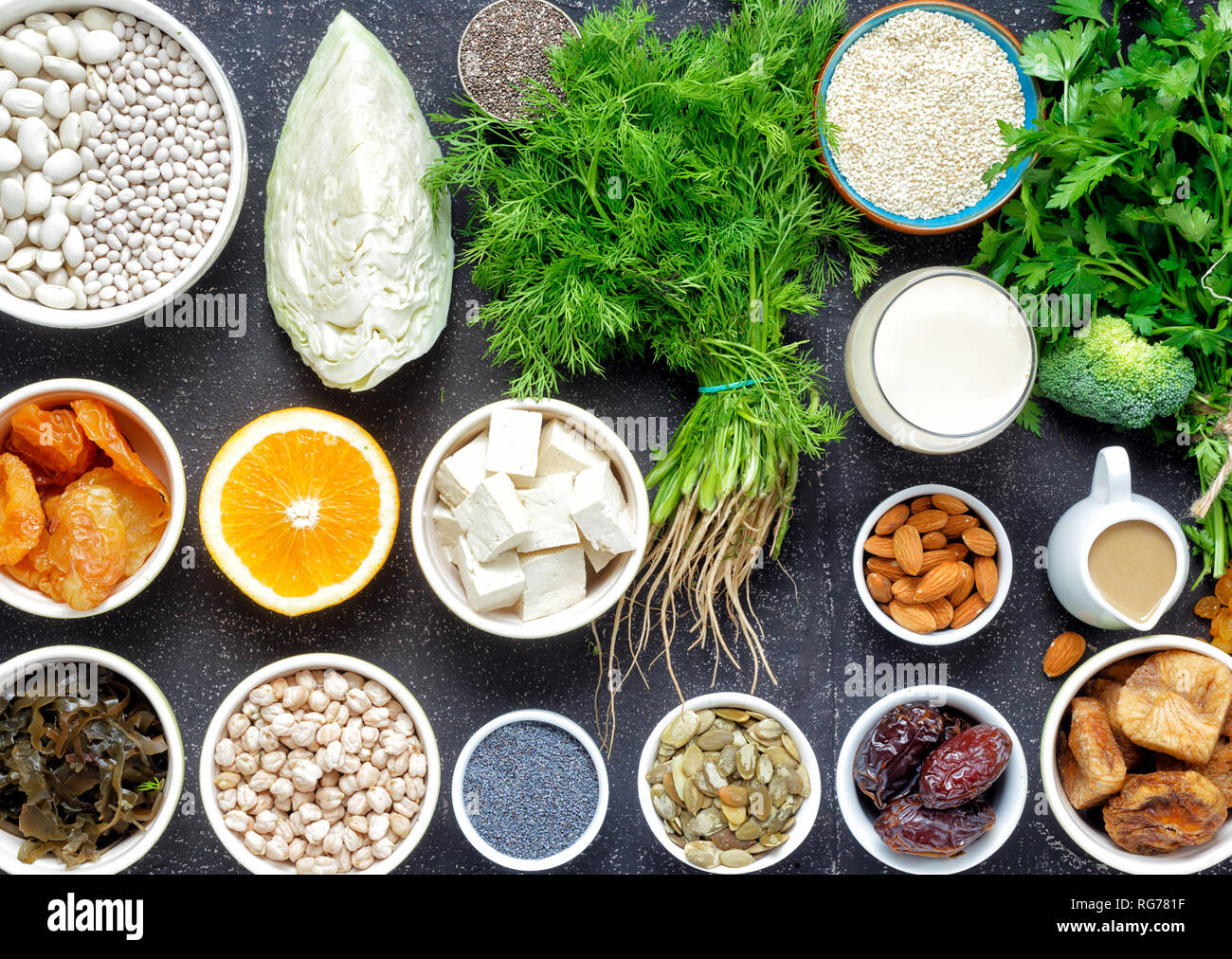 Source of calcium for vegetarians. Top view healthy organic food clean ...