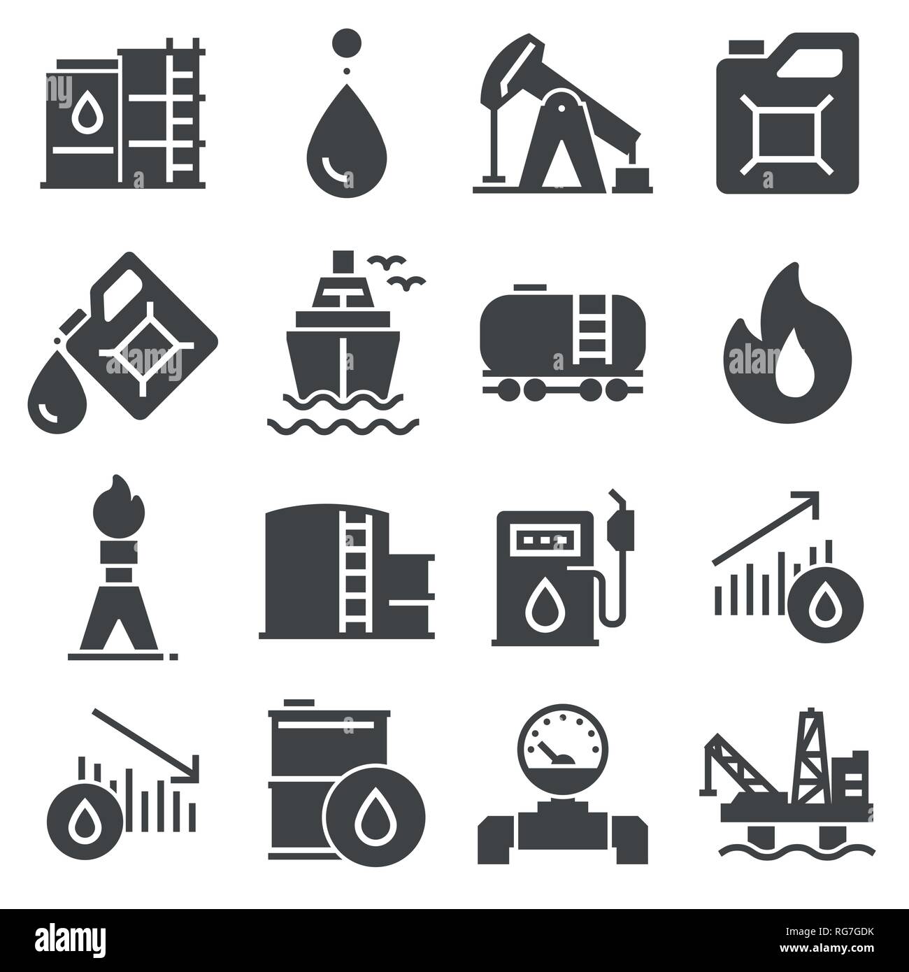 Petrol icons set. Oil pump and petrol icons with oil drop, tanker ship ...
