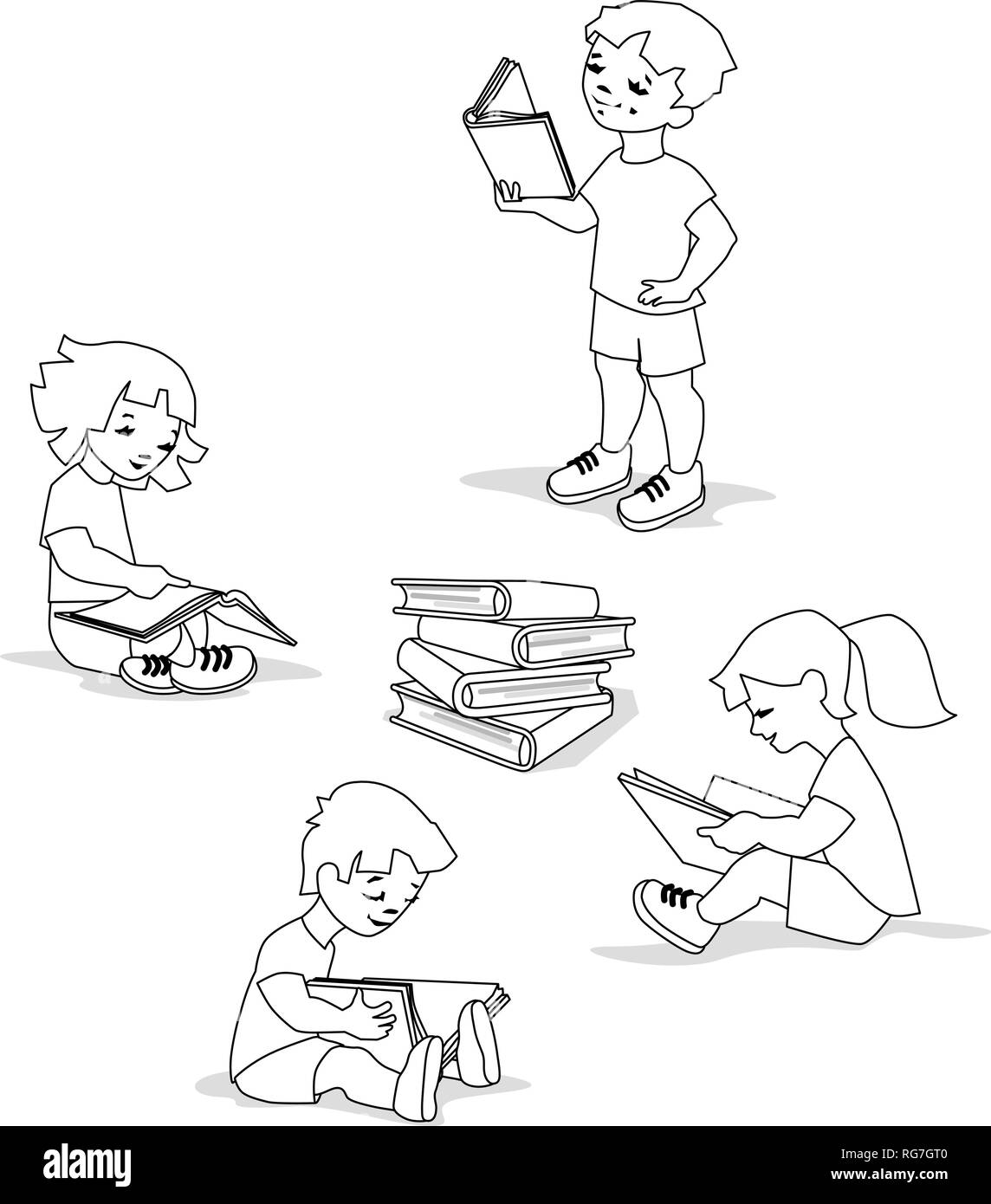 Kids reading vector cartoon kids reading background Cut Out Stock ...