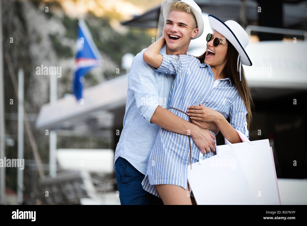 Romantic happy tourist couple hugging on summer vacation Stock Photo ...