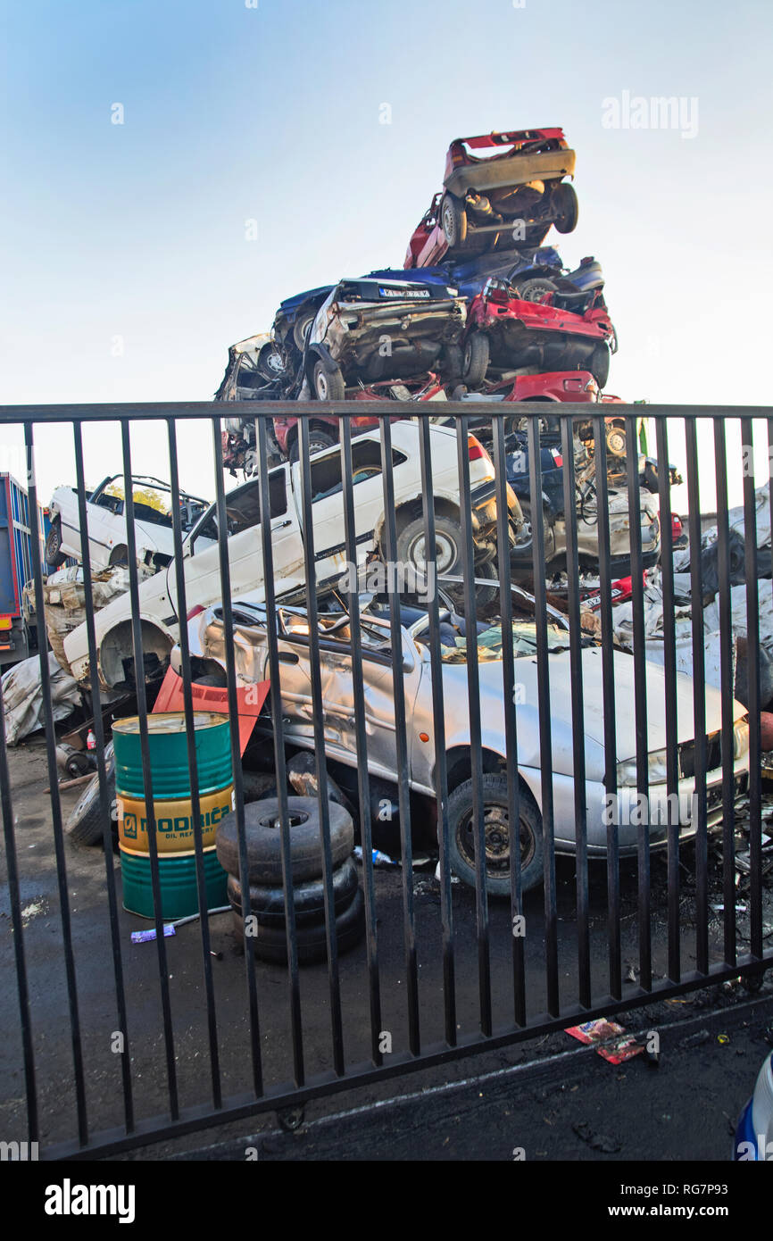 Zabalj, Serbia, Backa, October 10, 2018.Auto waste with lots of cars ...