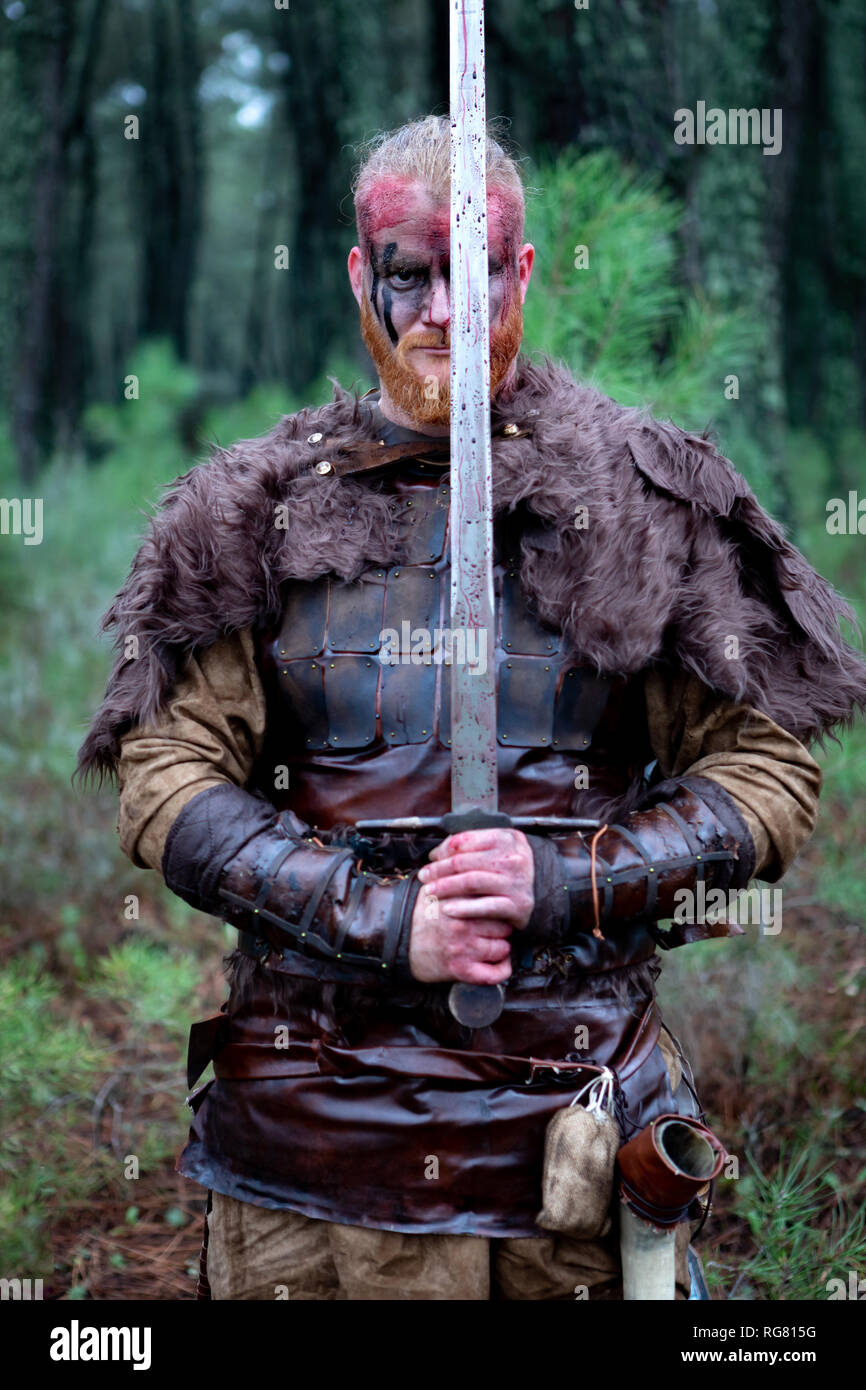 Bloody real viking with his sword in the countryside Stock Photo - Alamy