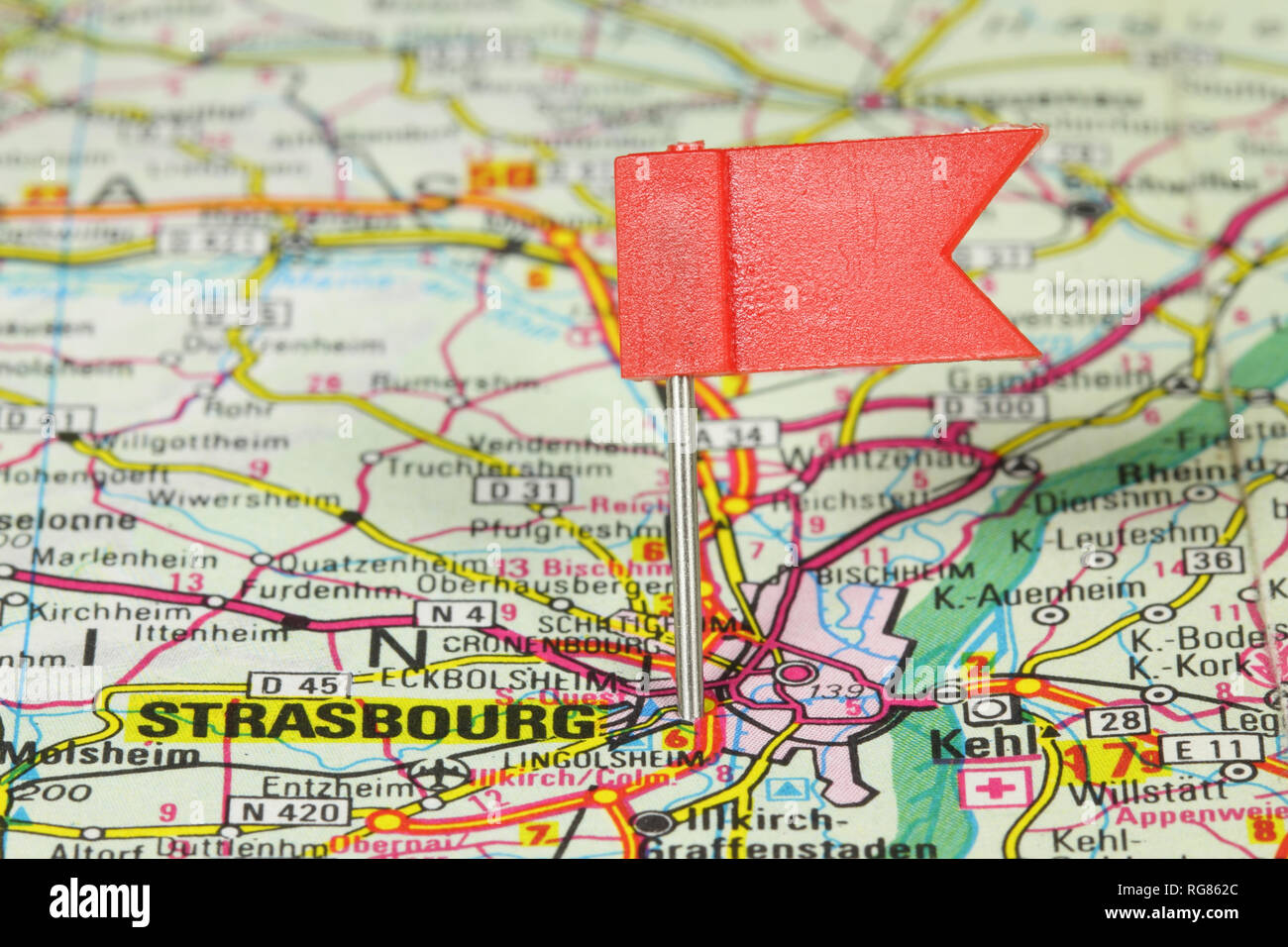 Strasbourg - famous city in France. Red flag pin on an old map showing ...