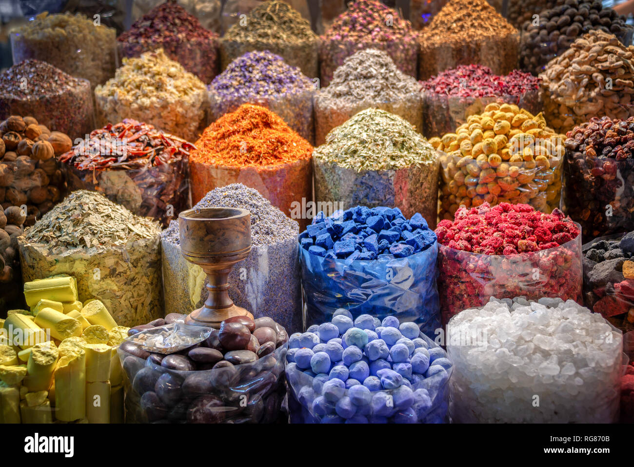 Colorful piles of spices in Dubai souks, United Arab Emirates Stock ...