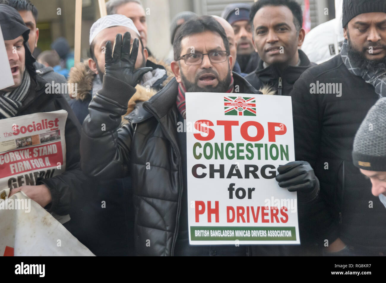 London, UK. 28th January 2019. Private Hire drivers block the road ...
