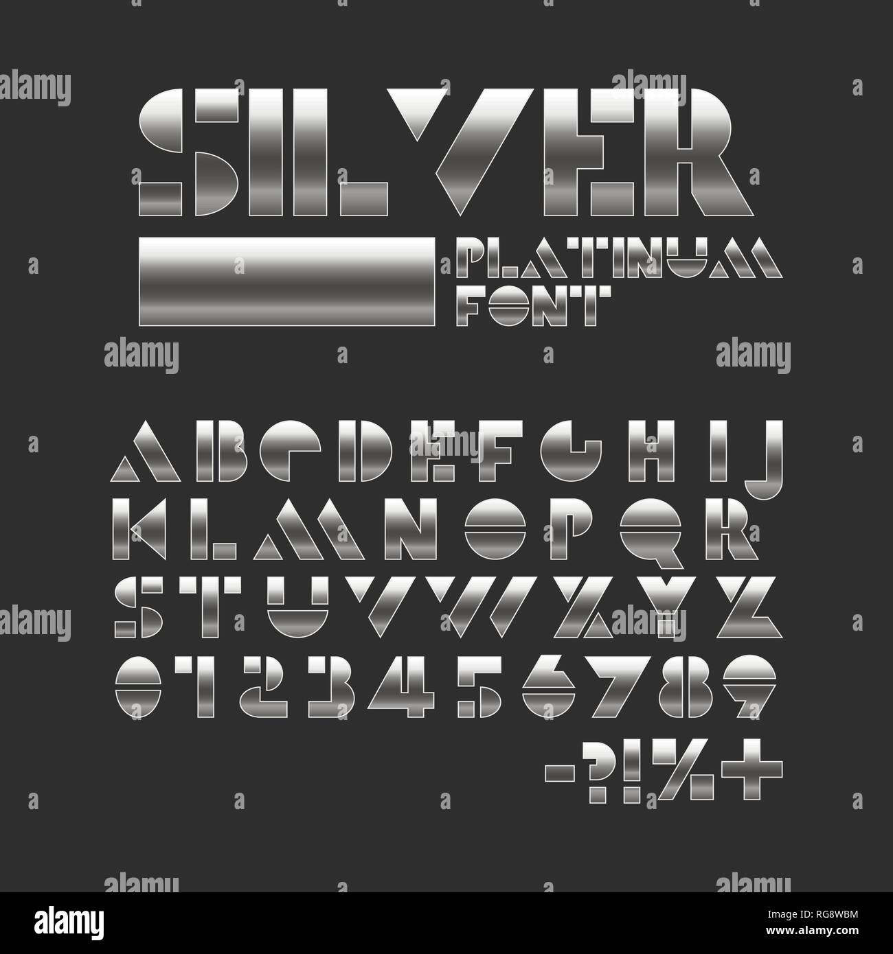Silver platinum stencil font. Metallic shiny alphabet. Geometric ...