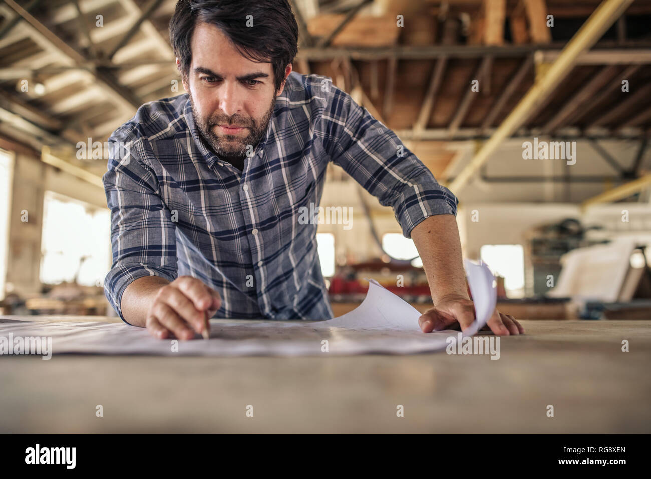 Woodworker going over design plans on a workshop bench Stock Photo - Alamy