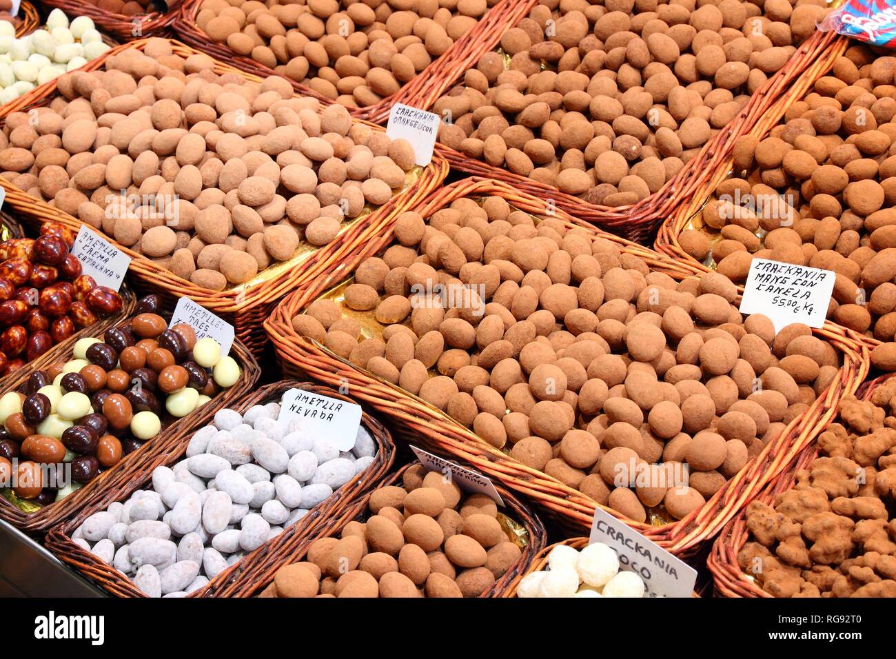 Confectionery shop at Boqueria market in Barcelona, Spain. Assorted ...