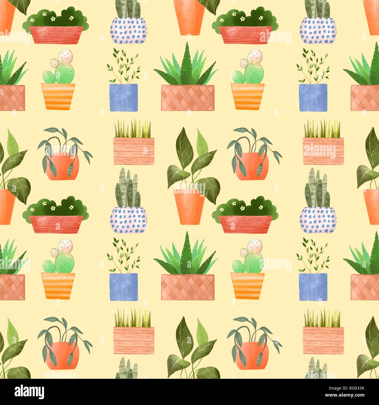 Potted plants. Cartoon seamless pattern Stock Photo - Alamy