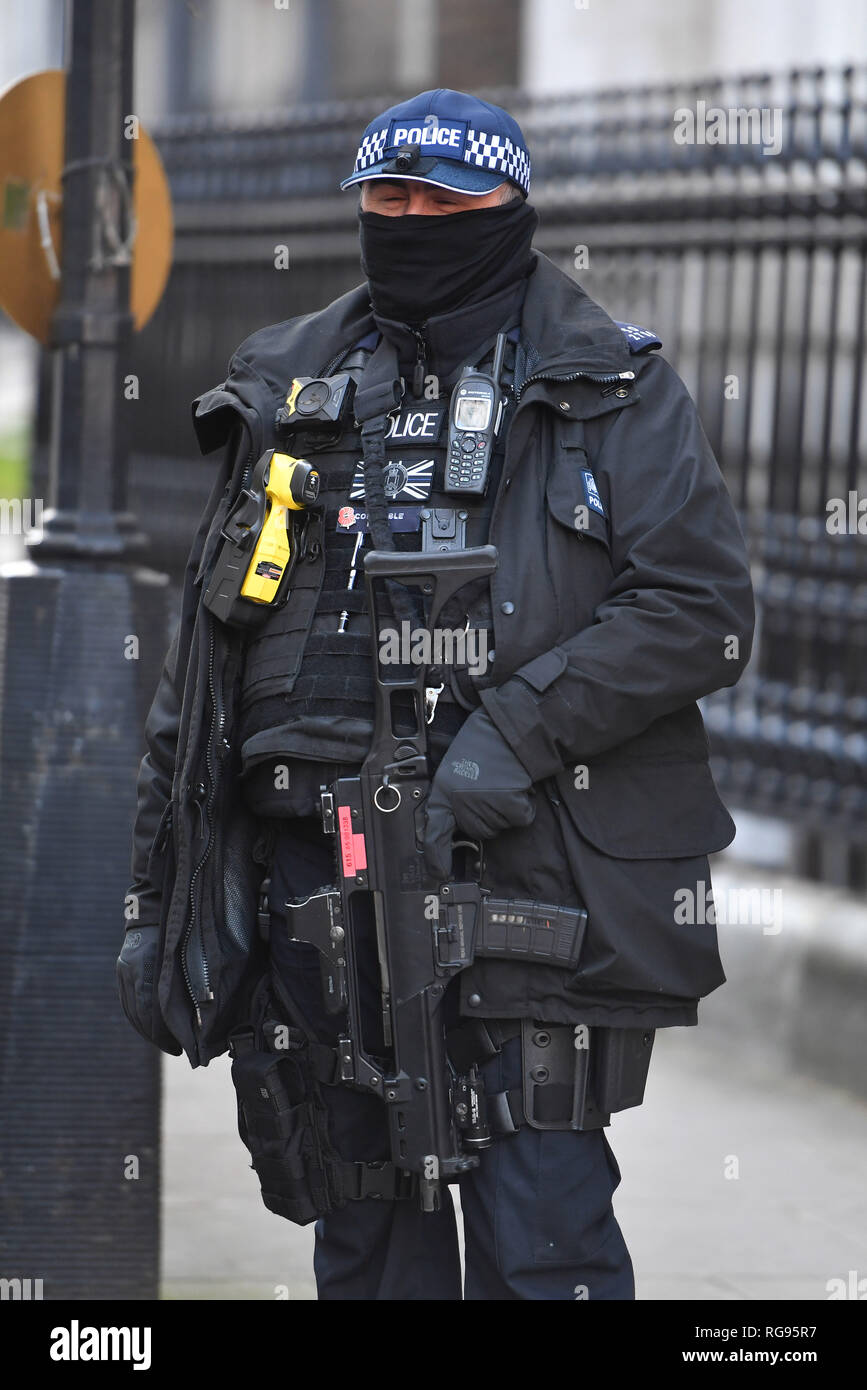 An armed police officer wrapped up against the cold in Downing Street ...
