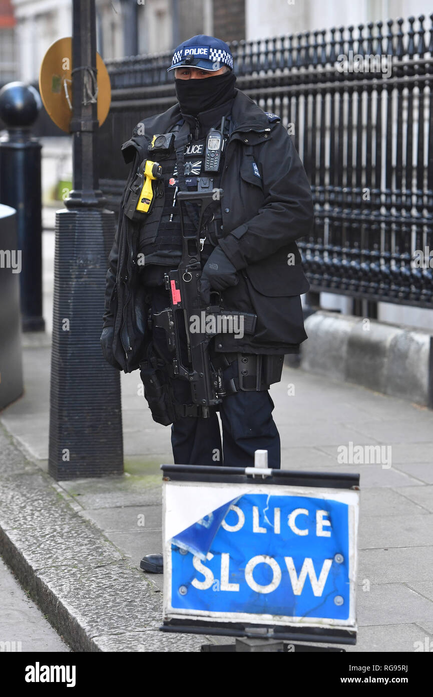 An armed police officer wrapped up against the cold in Downing Street ...
