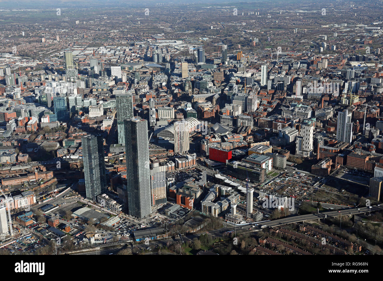 aerial view of Manchester city centre with the Deansgate Square, or ...