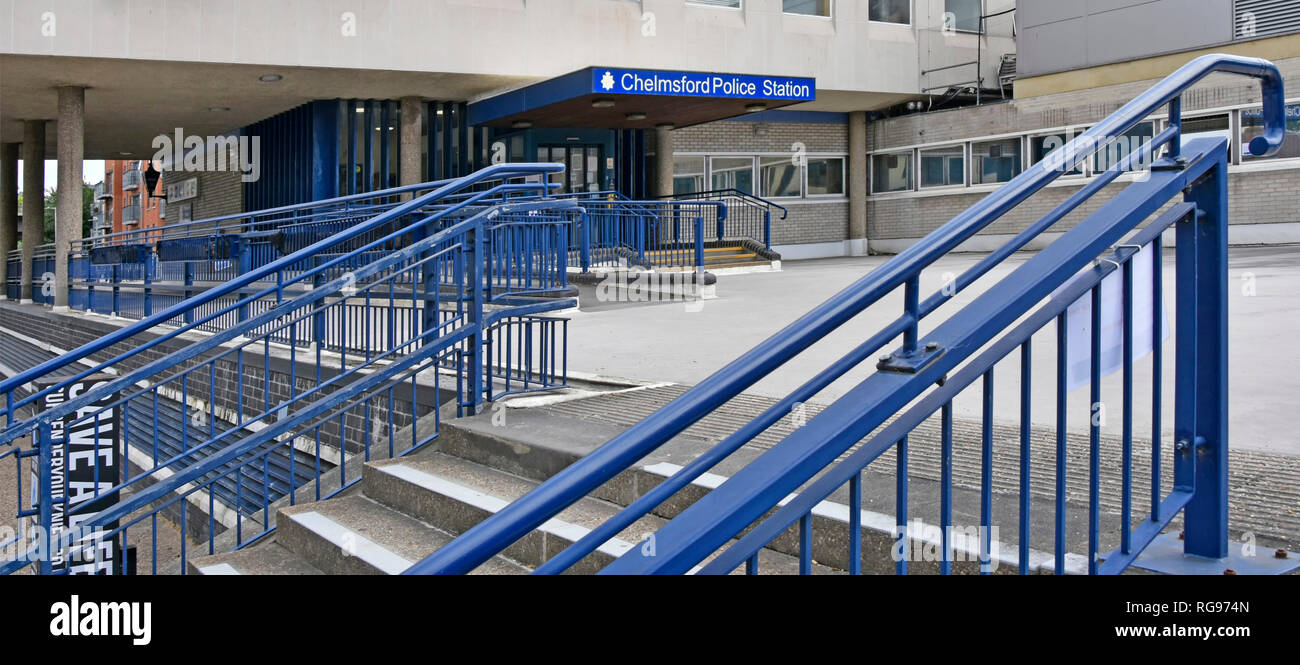 Steps & iron railings up to concourse & view of entrance to Essex ...