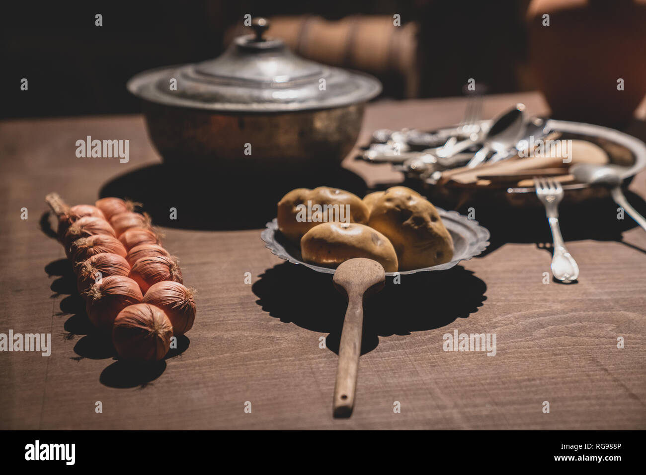 Rural still life food photograph with potato and onions Stock Photo - Alamy
