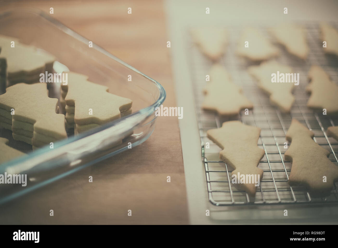 Christmas tree cookies on a cooling rack and in a glass dish Stock ...