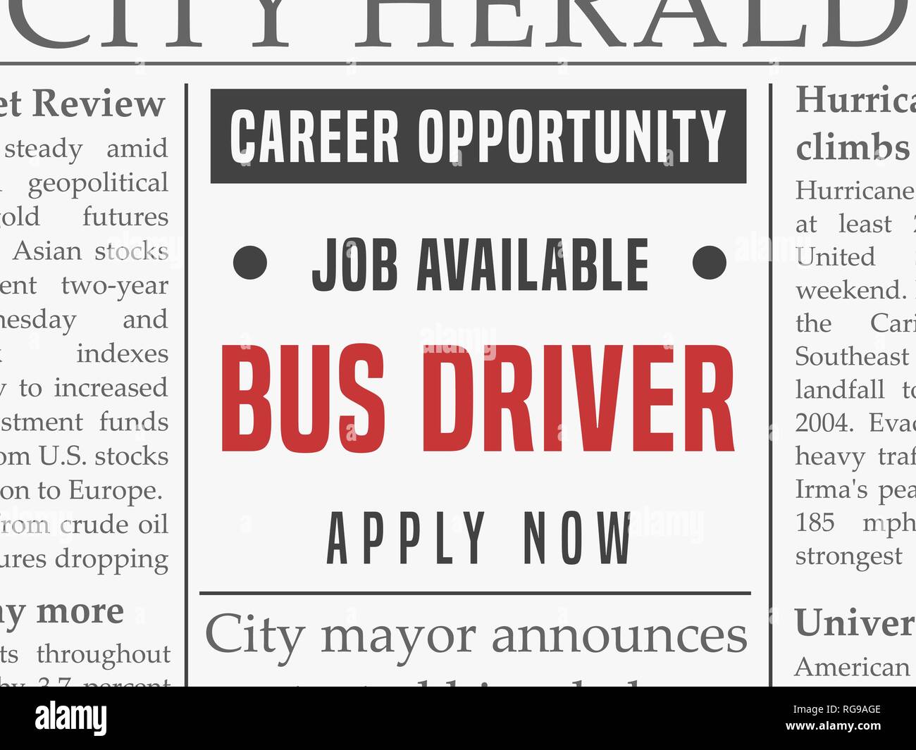Bus driver career - job classified ad vector in fake newspaper Stock ...