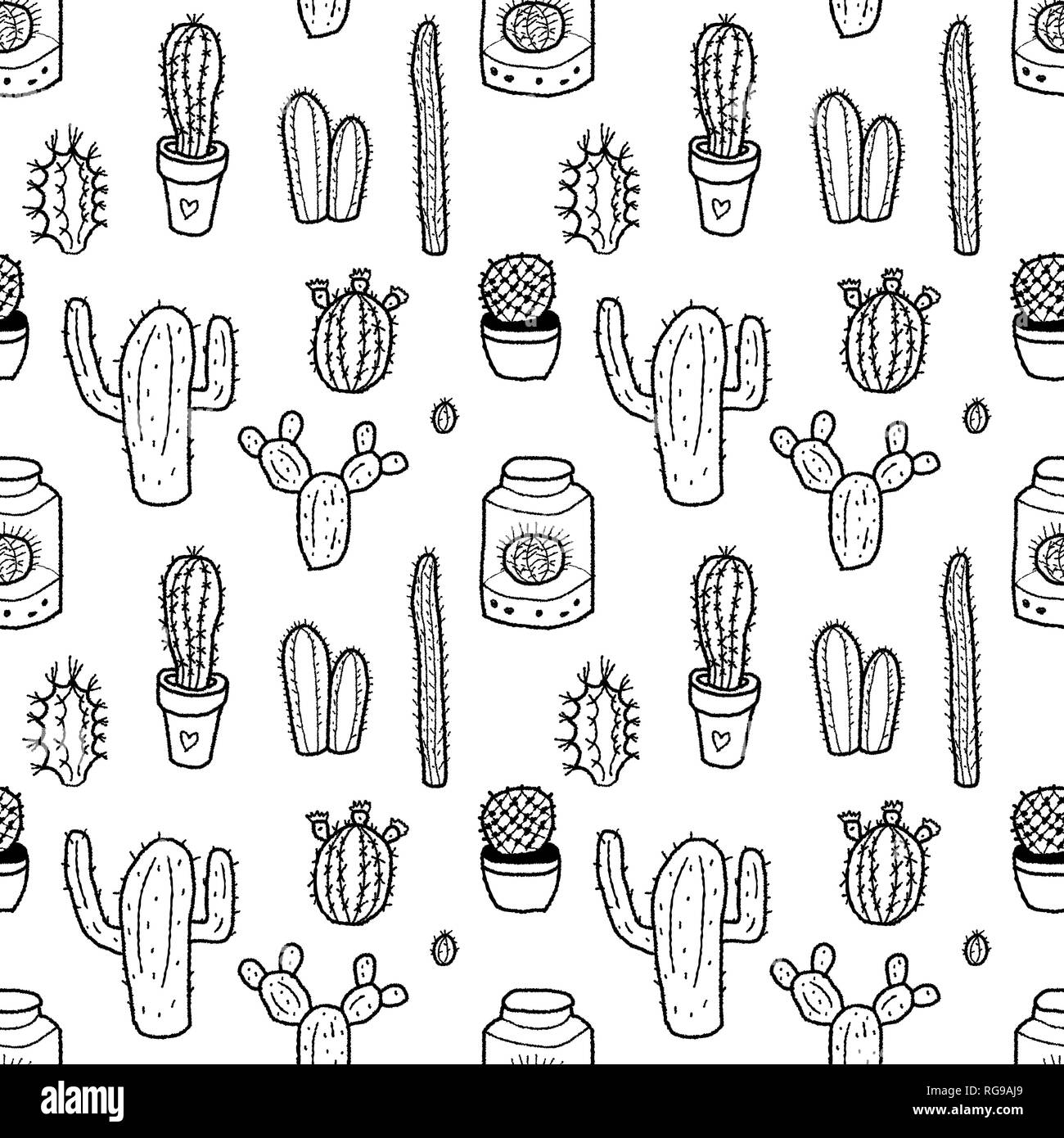 Cactus houseplant seamless pattern - doodle texture illustration vector ...