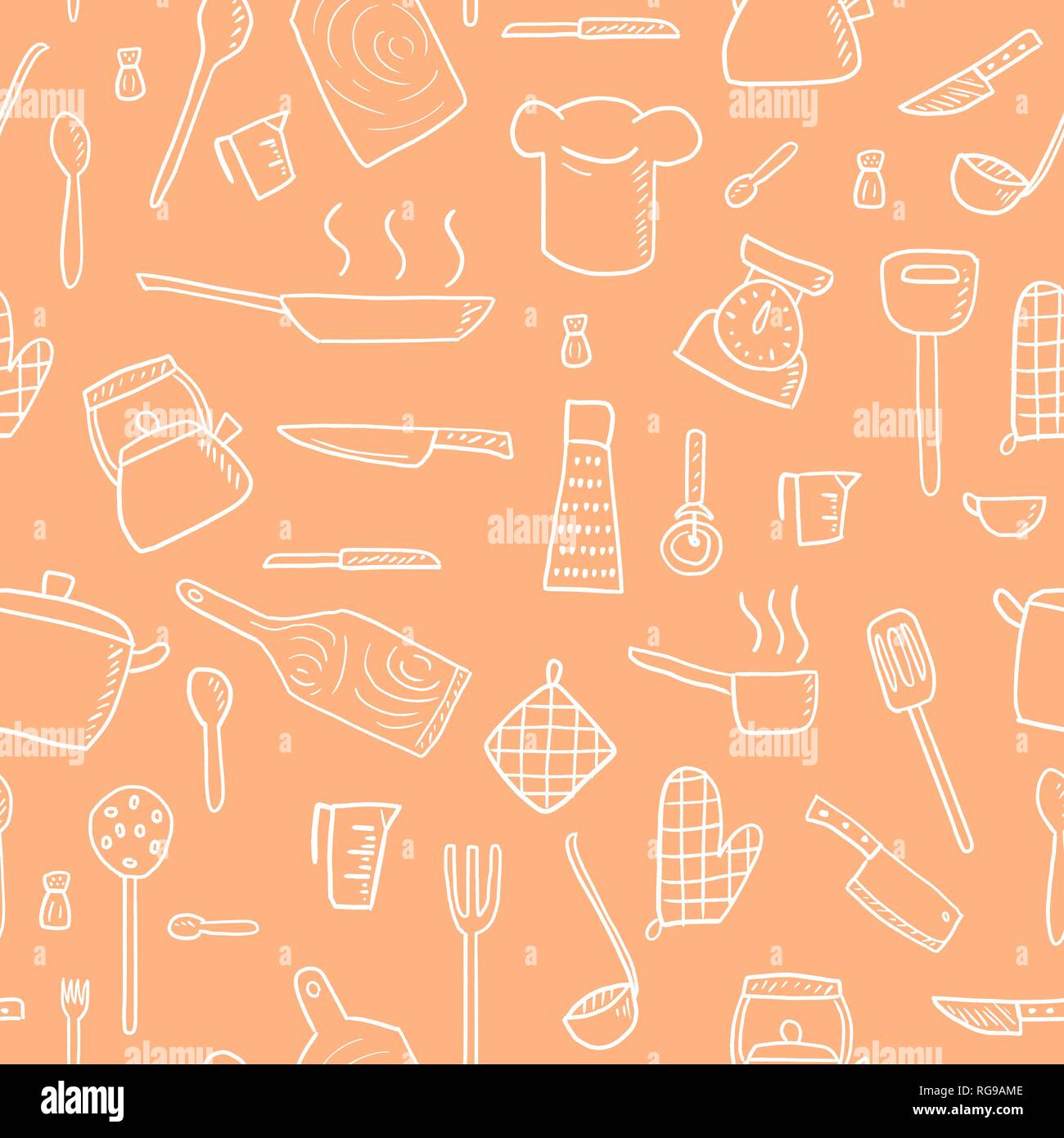 Cooking utensils and kitchen tools - seamless background doodle vector ...