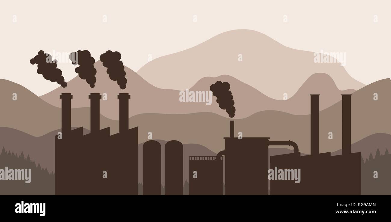 Factory pollution vector - industrial plant silhouette with mountain ...