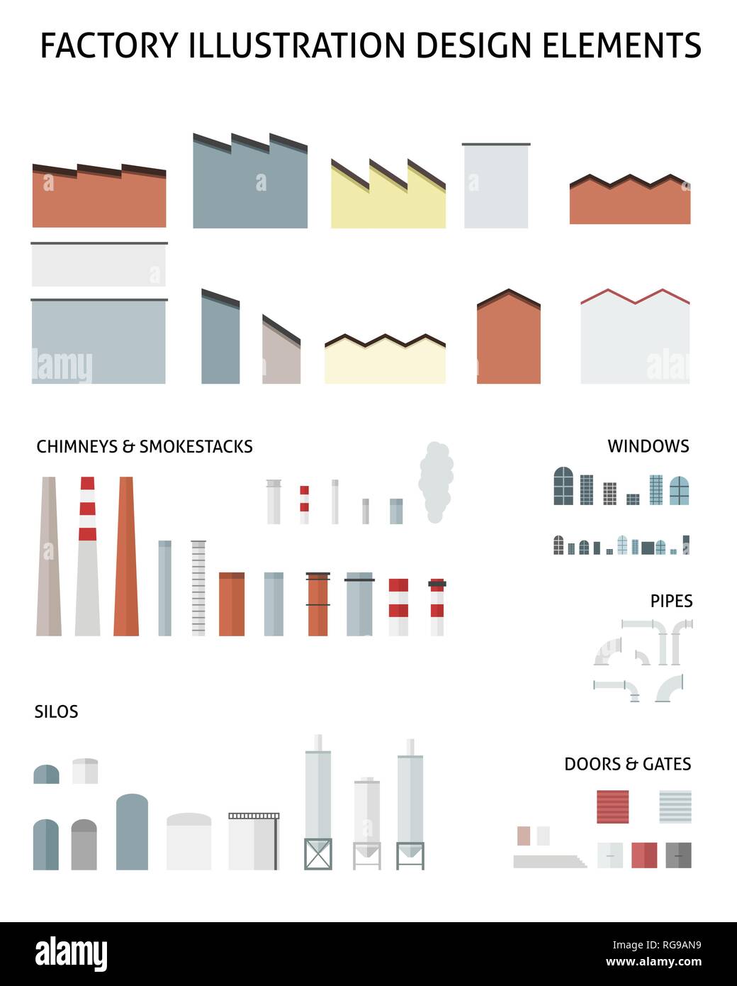 Factory design elements - vector industrial icon set and object ...